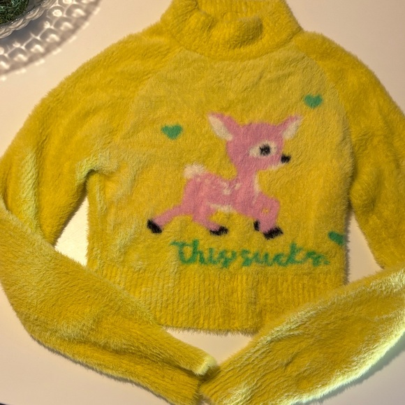 Urban Outfitters | Sweaters | Yellow Fuzzy Sweater With Pink Deer ...